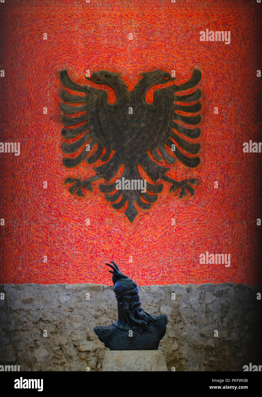 Skanderbeg memorial, bust of Skanderbeg and mosaic of the Albanian flag ...