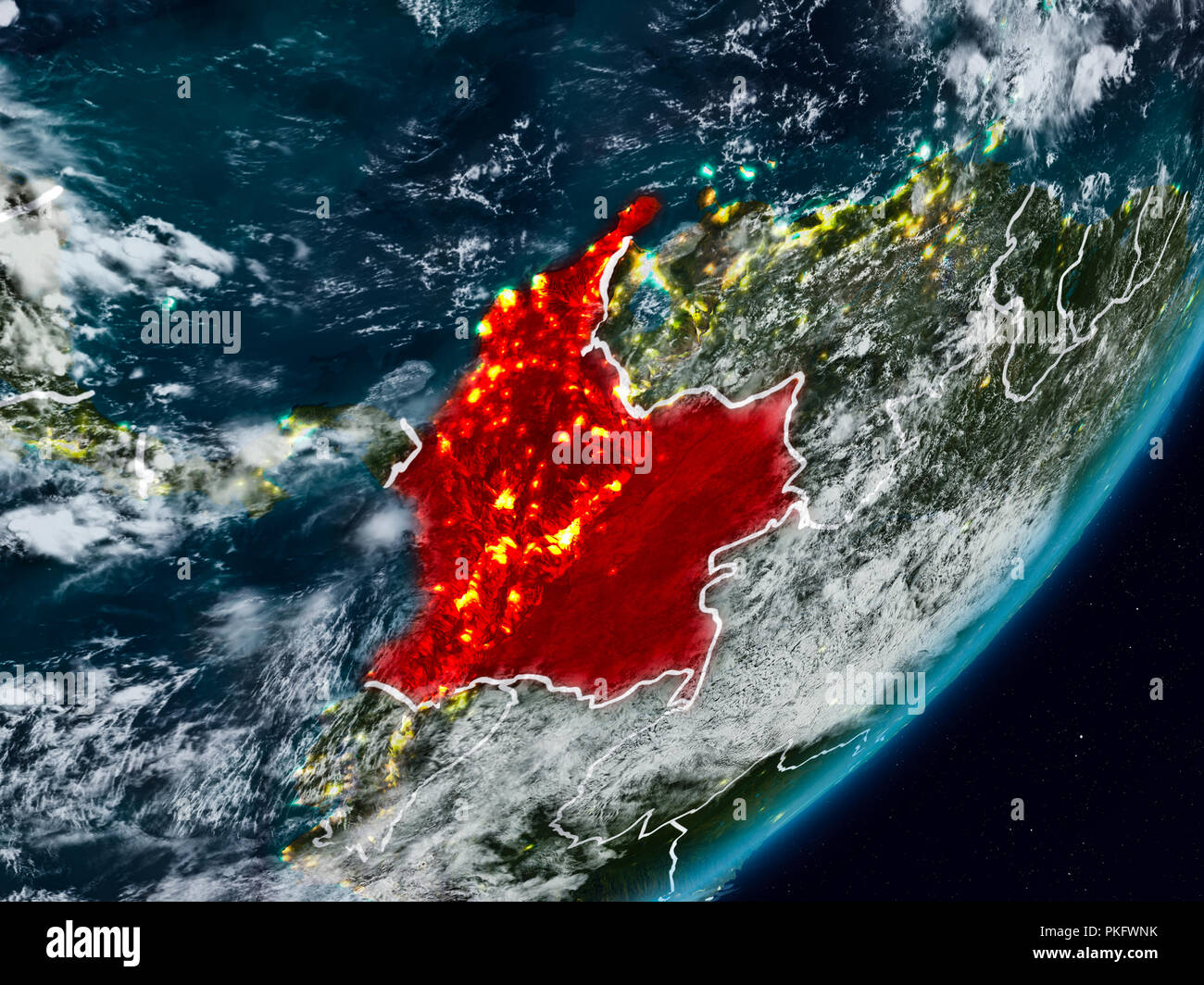 Colombia from space on planet Earth at night with visible country ...