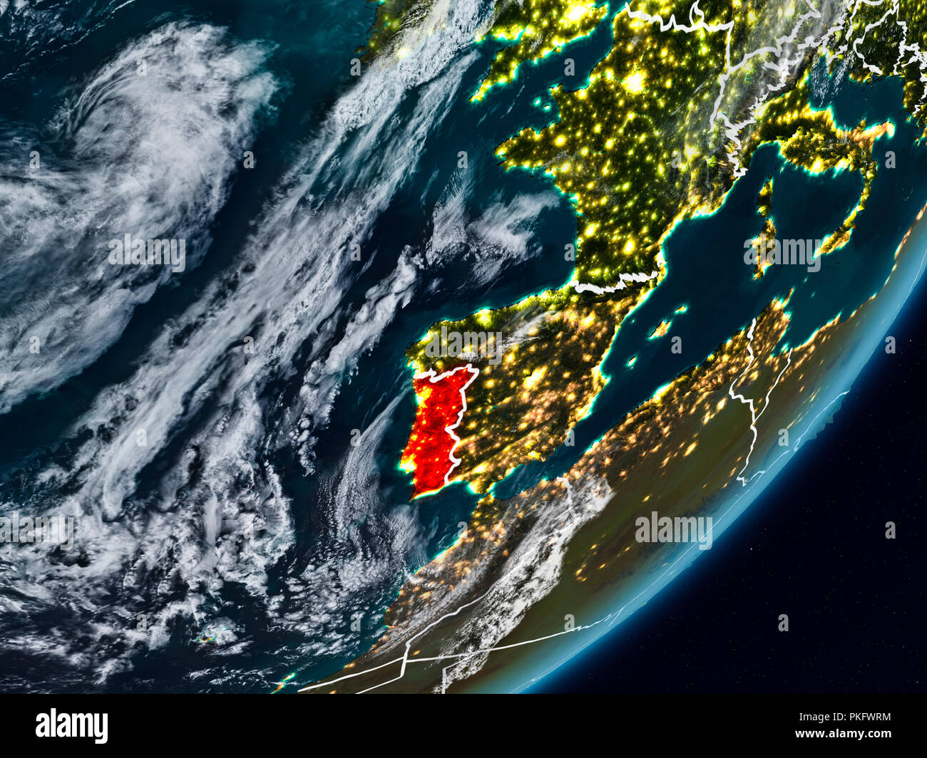 Portugal from space on planet Earth at night with visible country ...