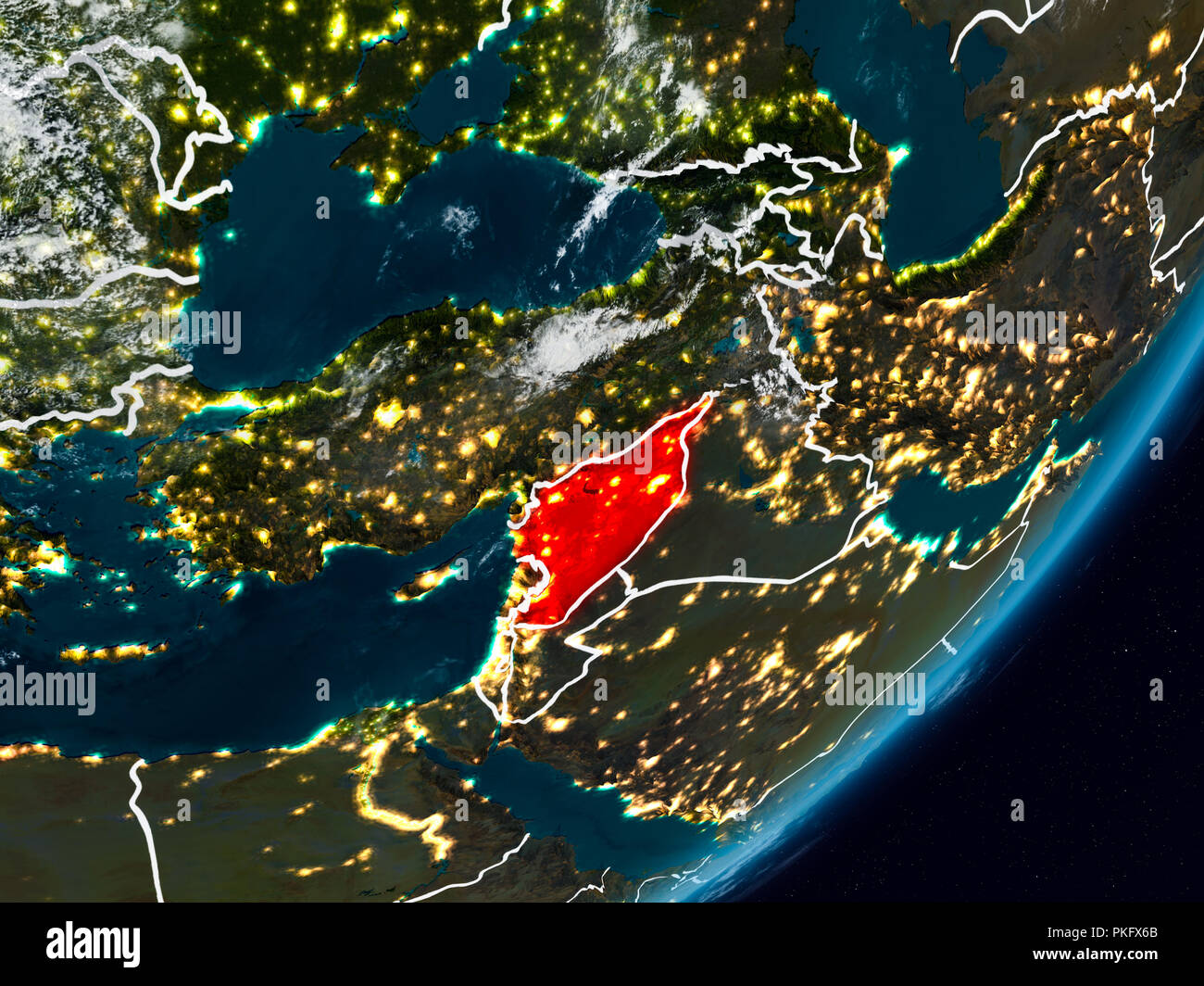 Syria from space on planet Earth at night with visible country borders ...