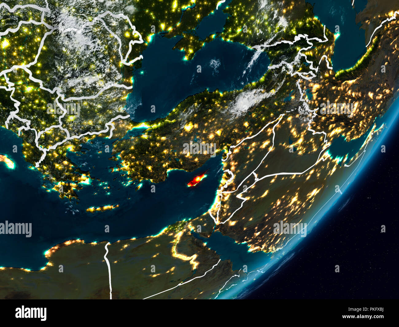 Cyprus from space on planet Earth at night with visible country borders ...