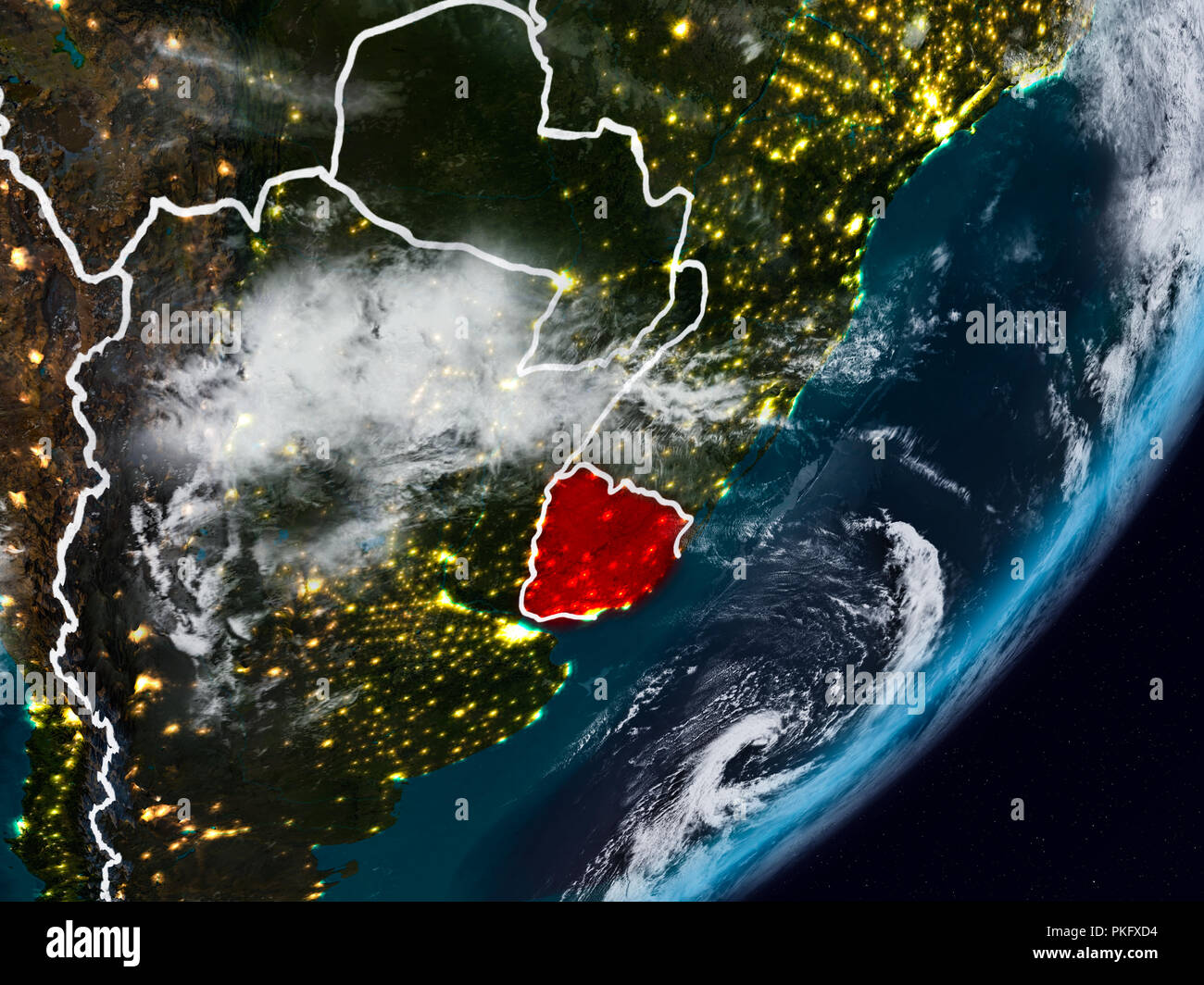 Uruguay from space on planet Earth at night with visible country ...