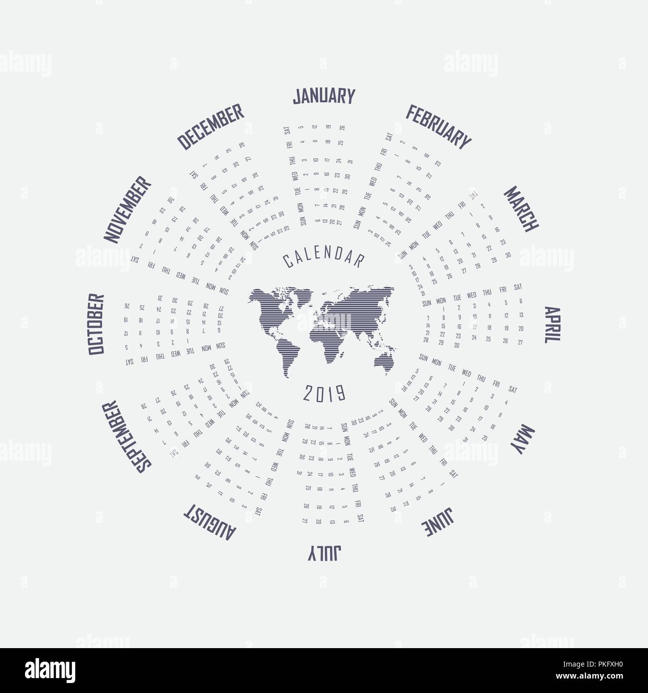 2019 Calendar Template.Circle calendar template.Calendar 2019 Set of 12 ...