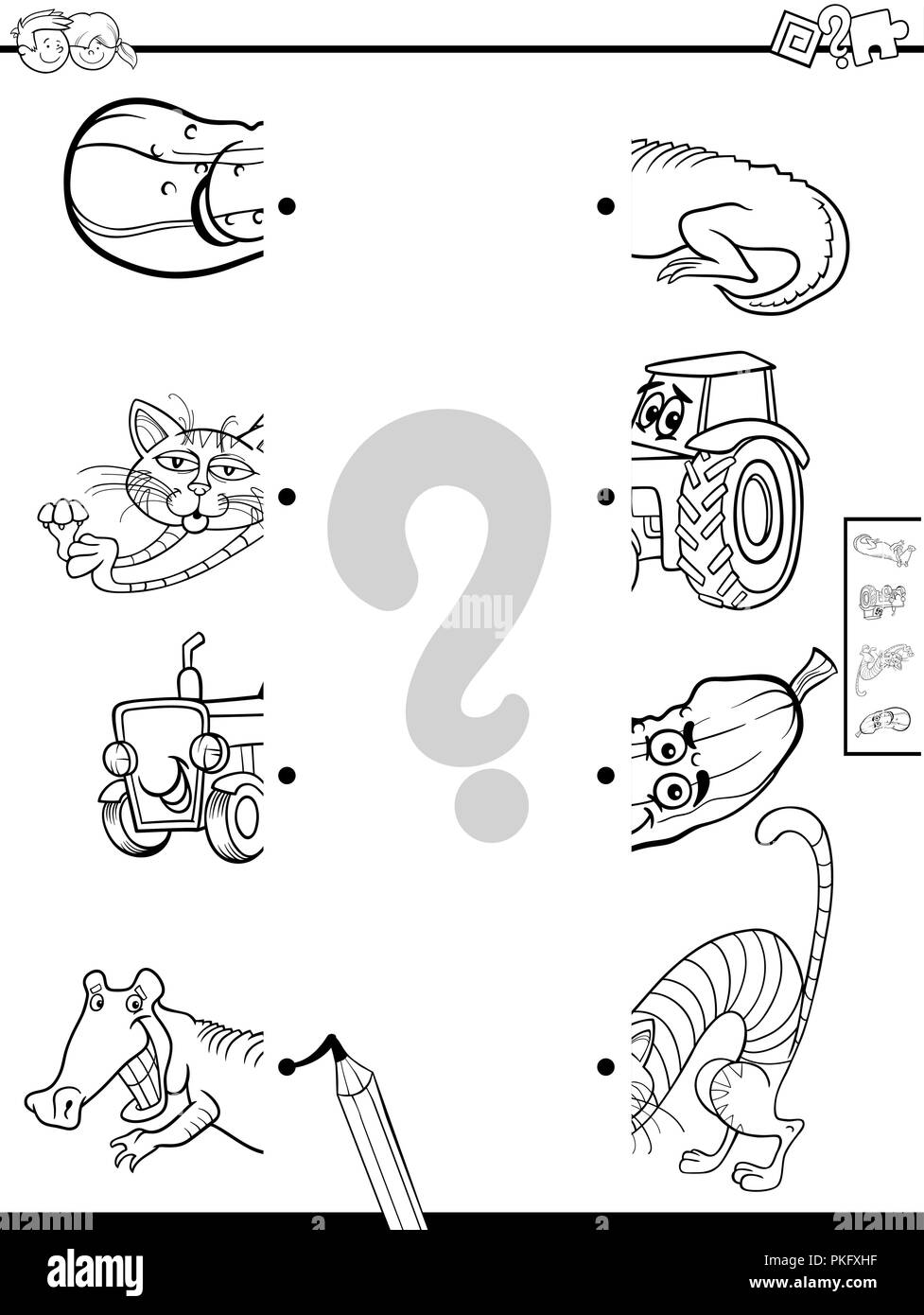 Black and White Cartoon Illustration of Educational Game of Matching ...