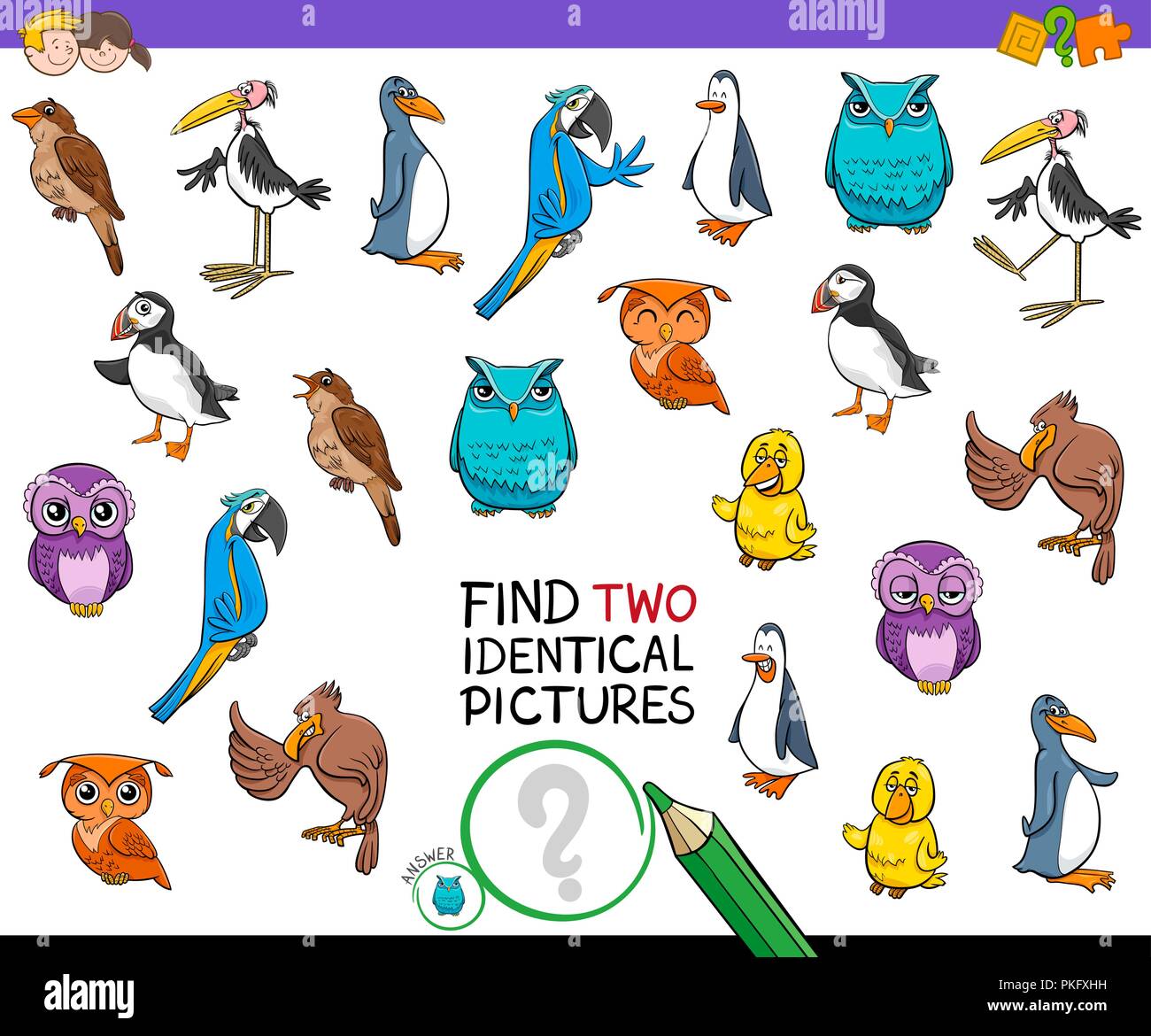 Cartoon Illustration of Finding Two Identical Pictures Educational Game ...