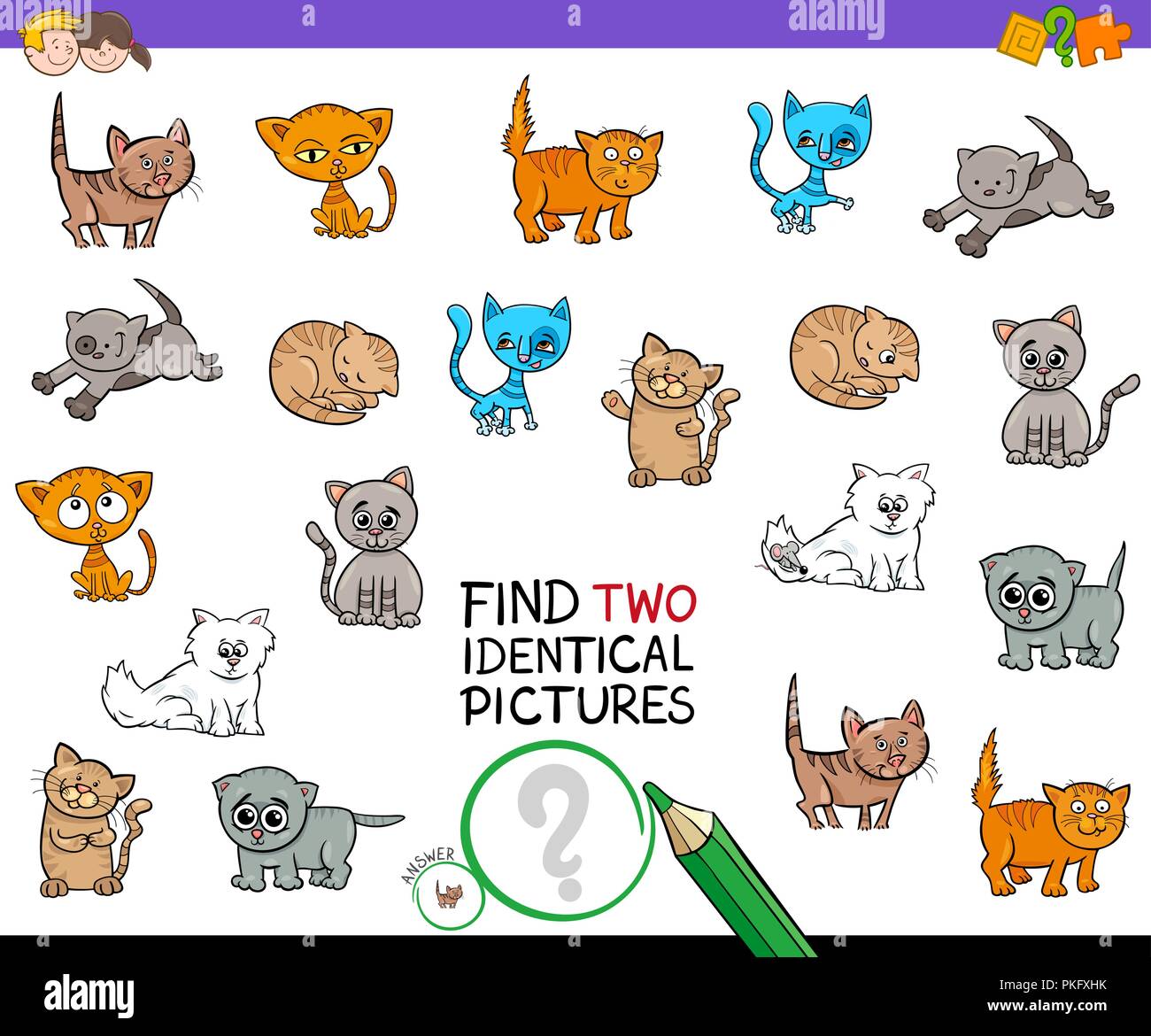 Cartoon Illustration of Finding Two Identical Pictures Educational Game ...