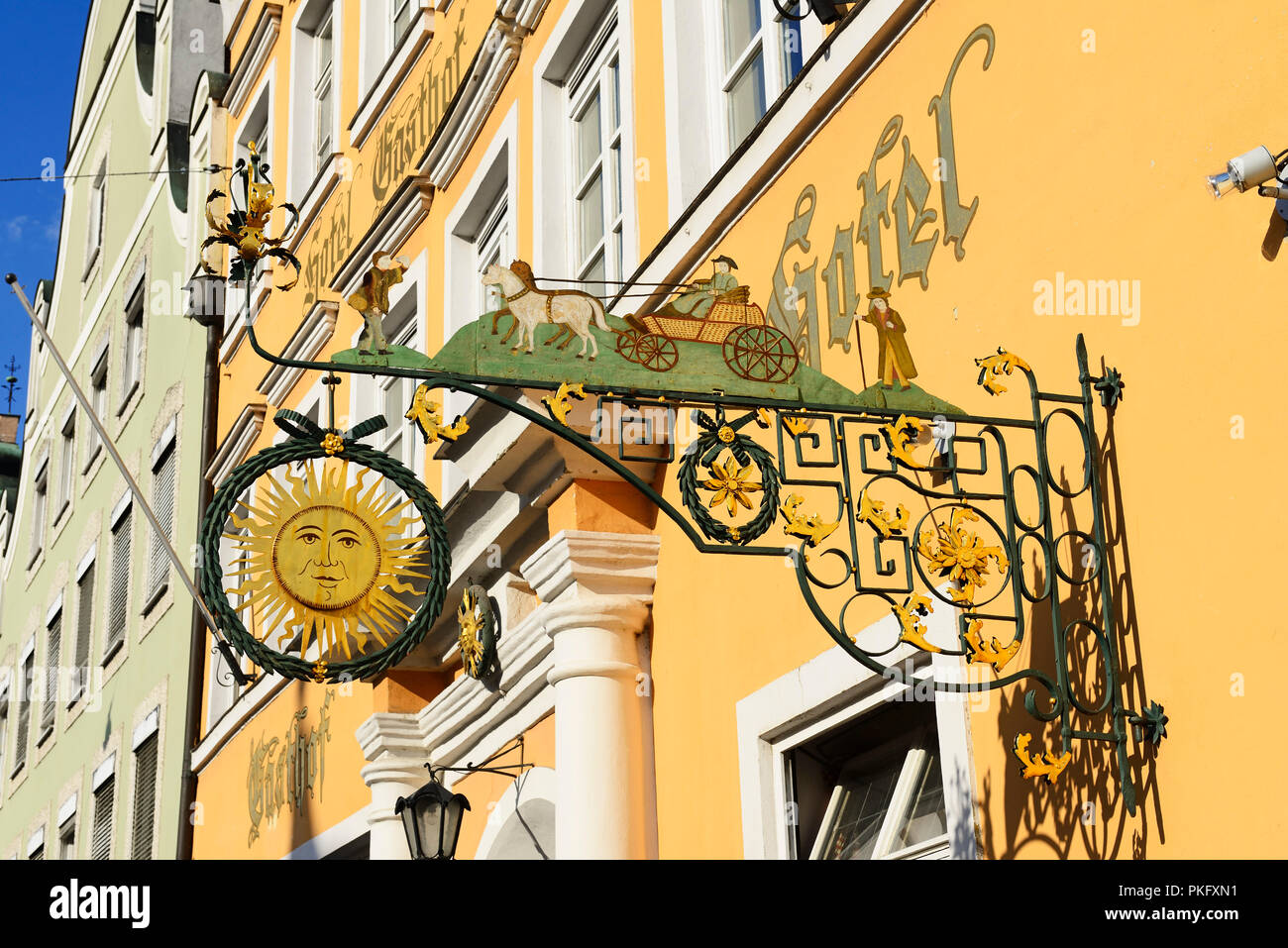 Hanging shop sign, hotel guesthouse Sonne, Landshut, Eastern Bavaria ...