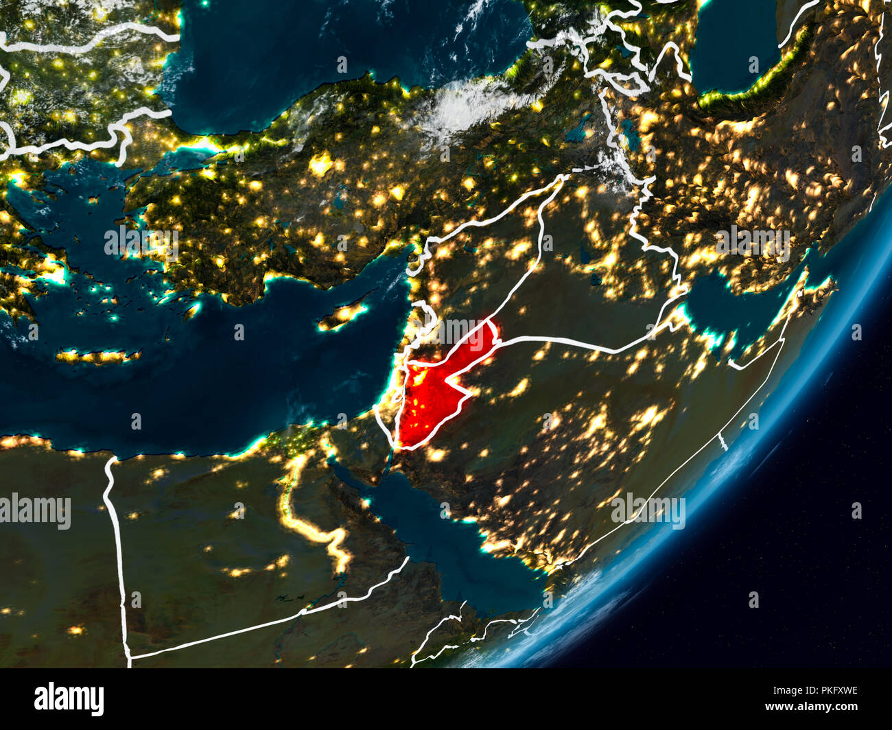Jordan from space on planet Earth at night with visible country borders ...