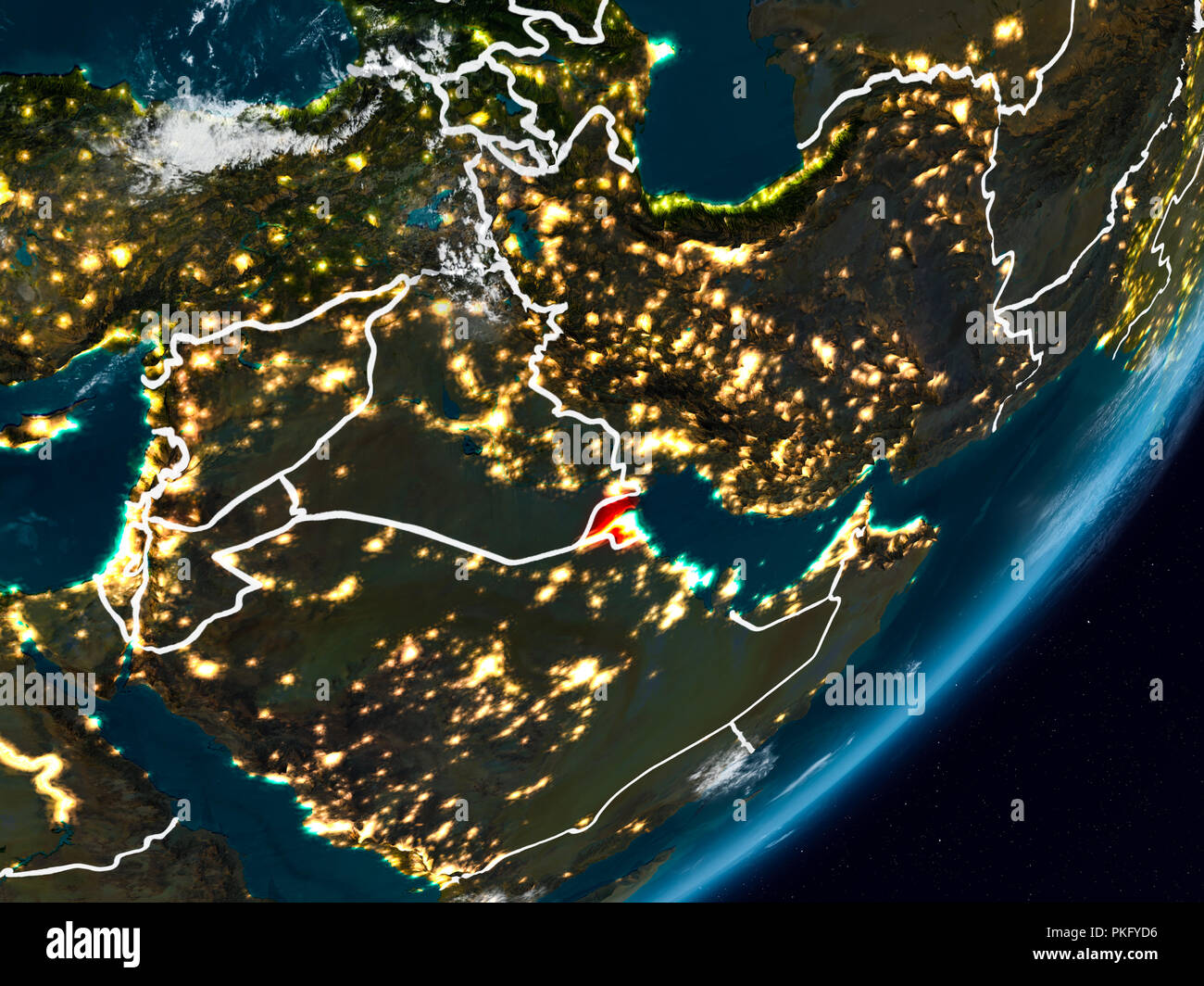 Kuwait from space on planet Earth at night with visible country borders ...