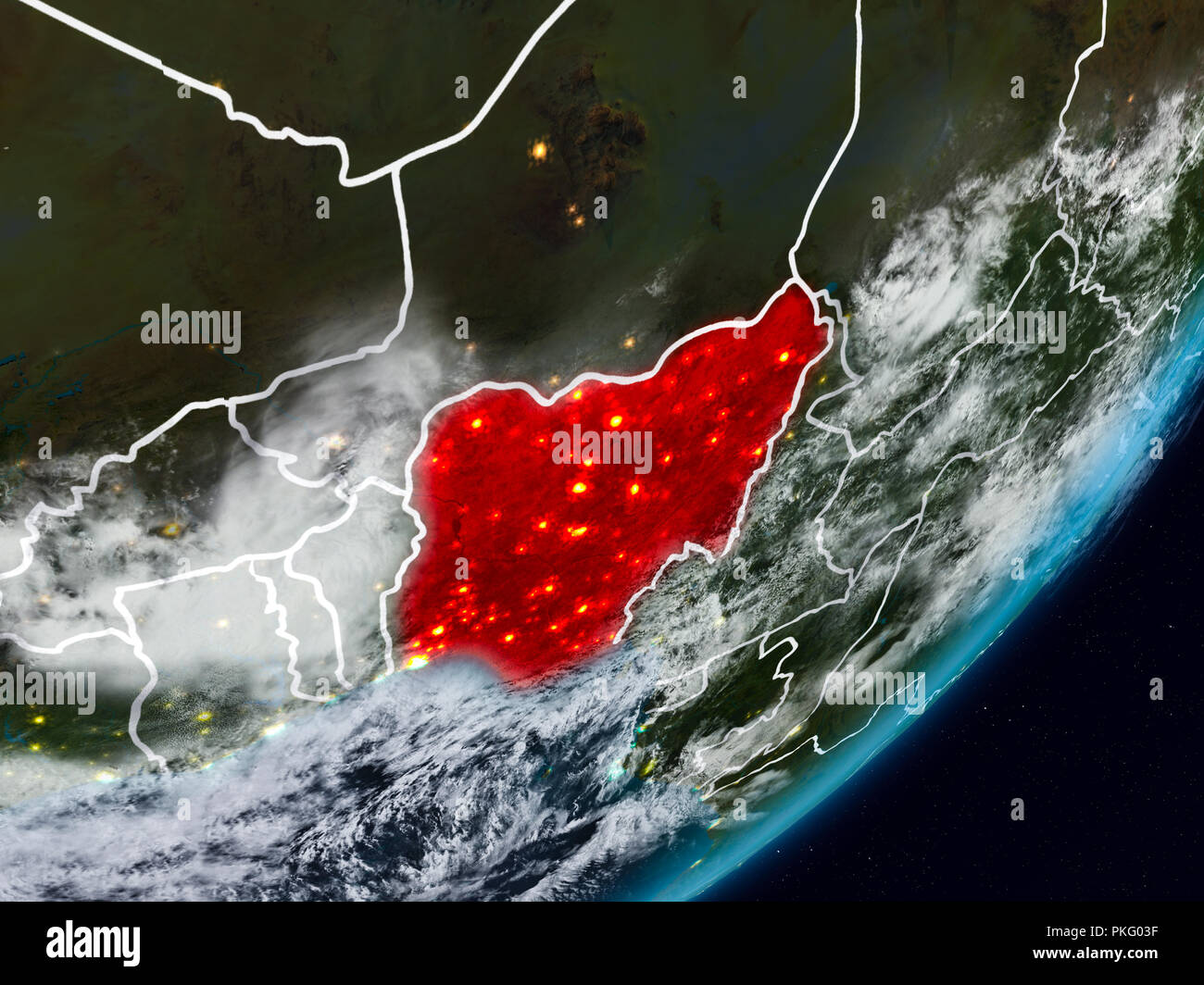 Nigeria from space on planet Earth at night with visible country ...