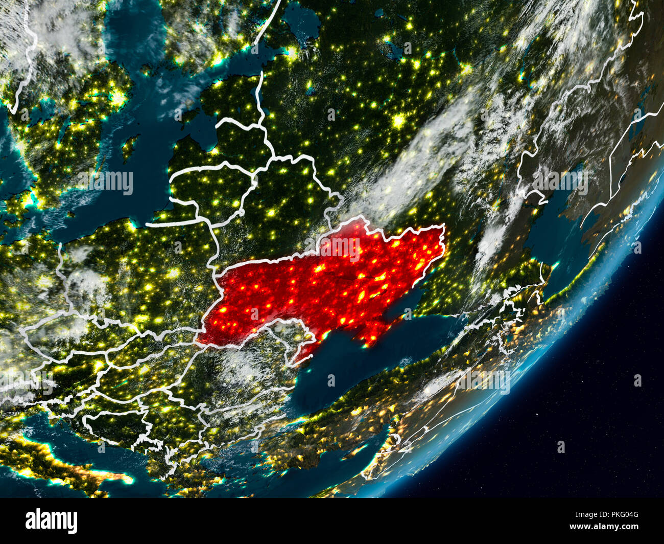 Ukraine from space on planet Earth at night with visible country ...