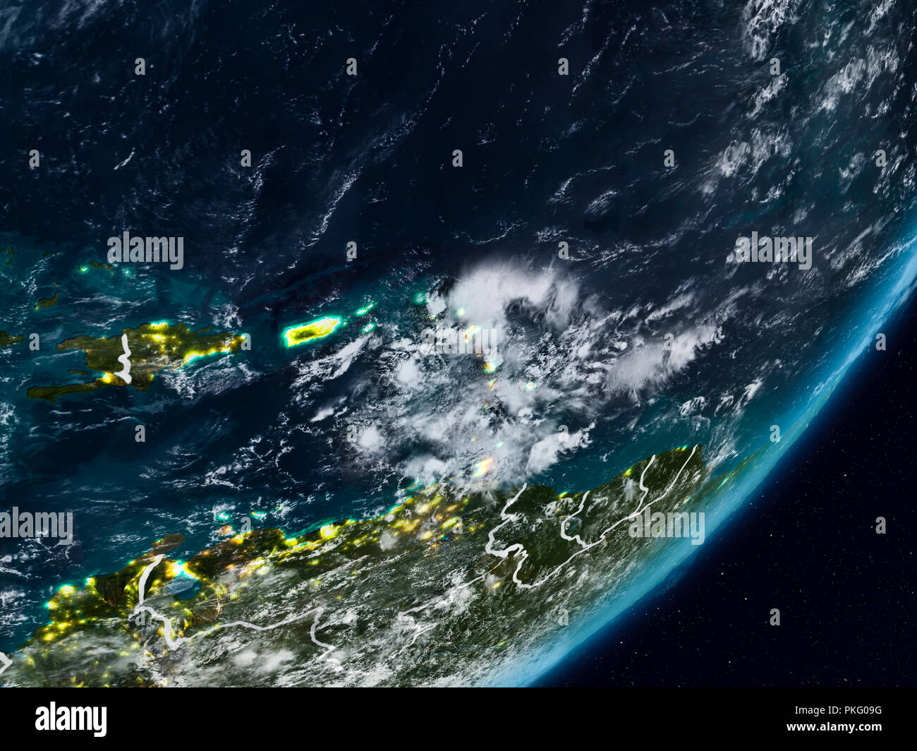 Caribbean from space on planet Earth at night with visible country ...