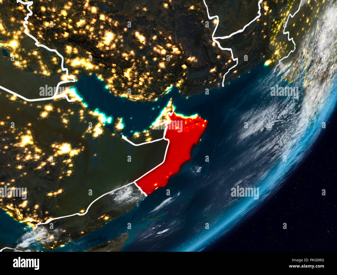Oman from space on planet Earth at night with visible country borders ...