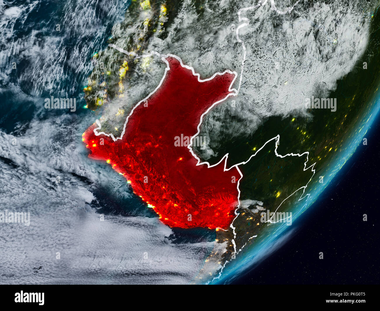 Peru from space on planet Earth at night with visible country borders ...