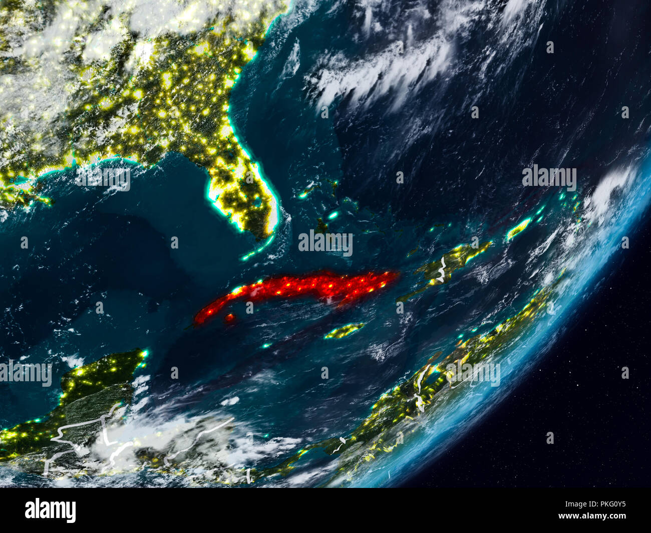Cuba from space on planet Earth at night with visible country borders ...