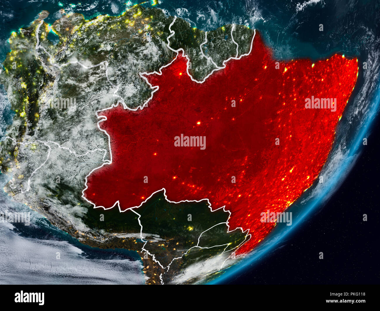 Brazil from space on planet Earth at night with visible country borders ...