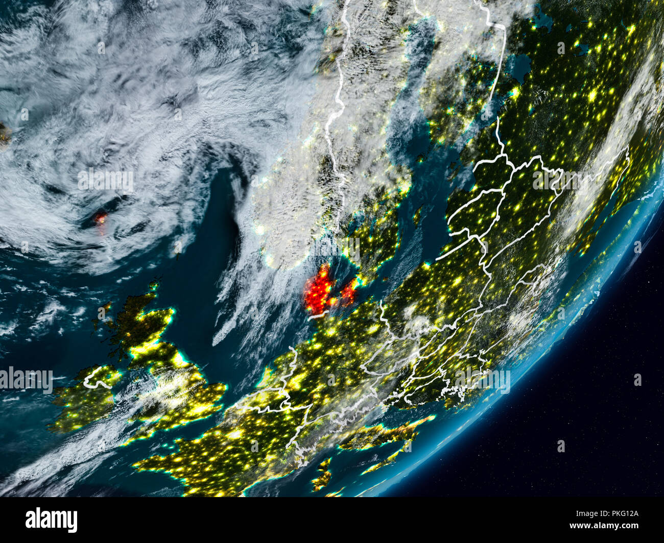 Denmark from space on planet Earth at night with visible country ...