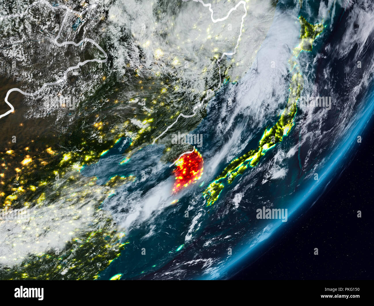 South Korea from space on planet Earth at night with visible country ...