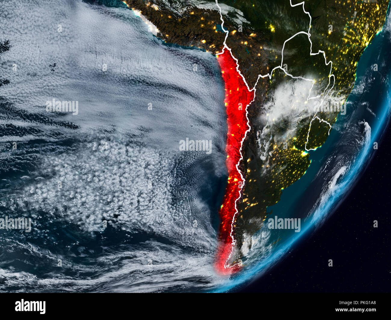 Chile from space on planet Earth at night with visible country borders ...