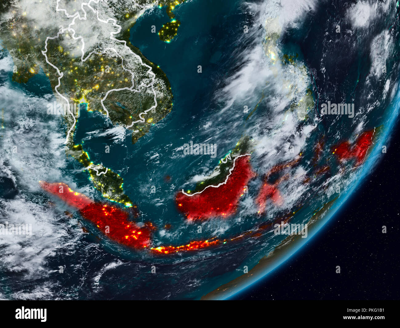 Indonesia from space on planet Earth at night with visible country ...