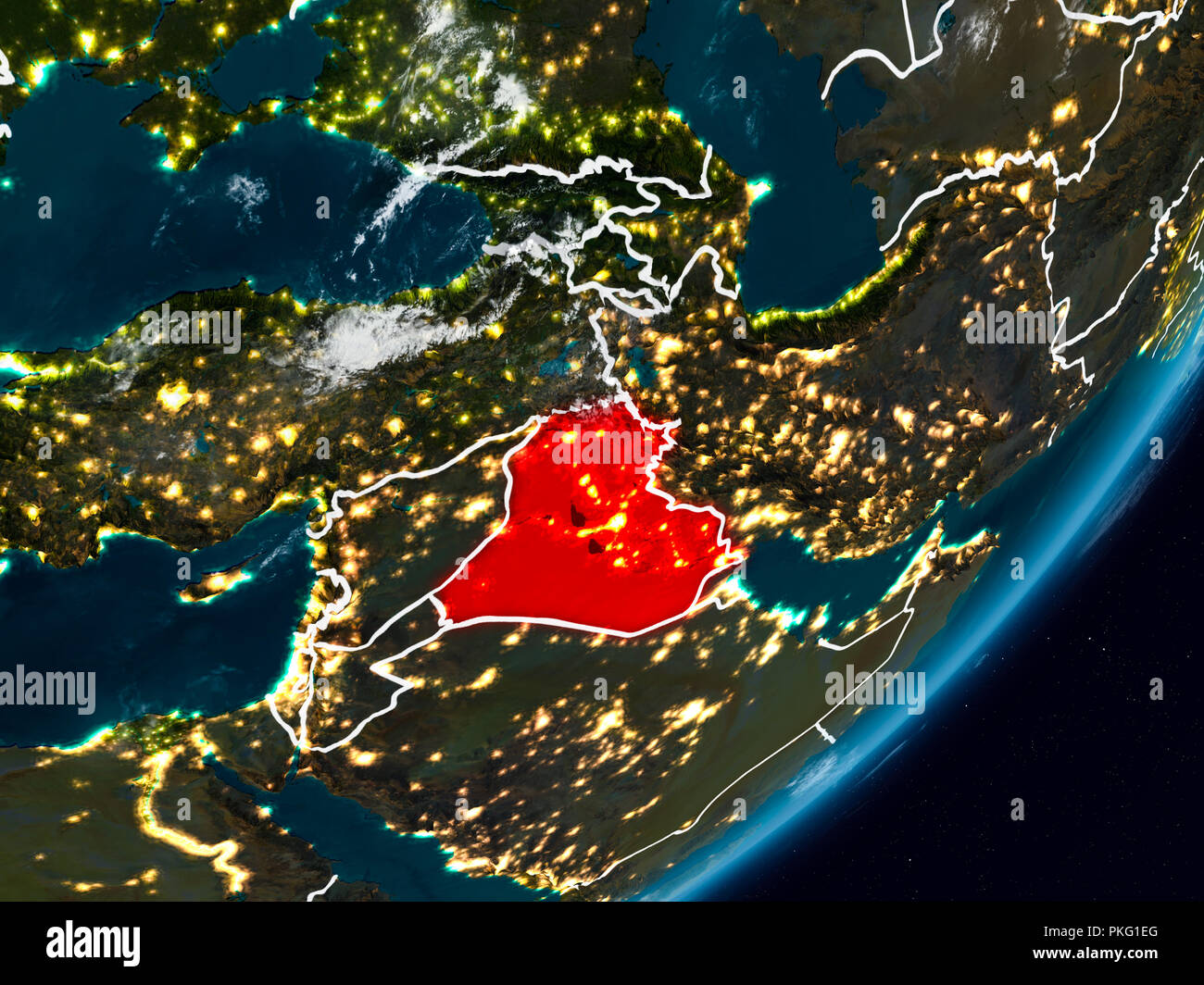 Iraq from space on planet Earth at night with visible country borders ...