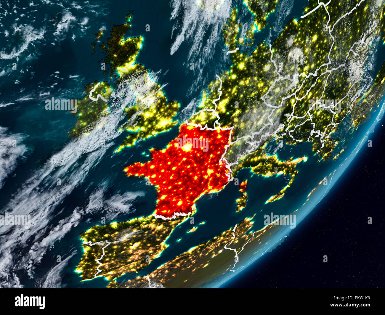 France from space on planet Earth at night with visible country borders ...