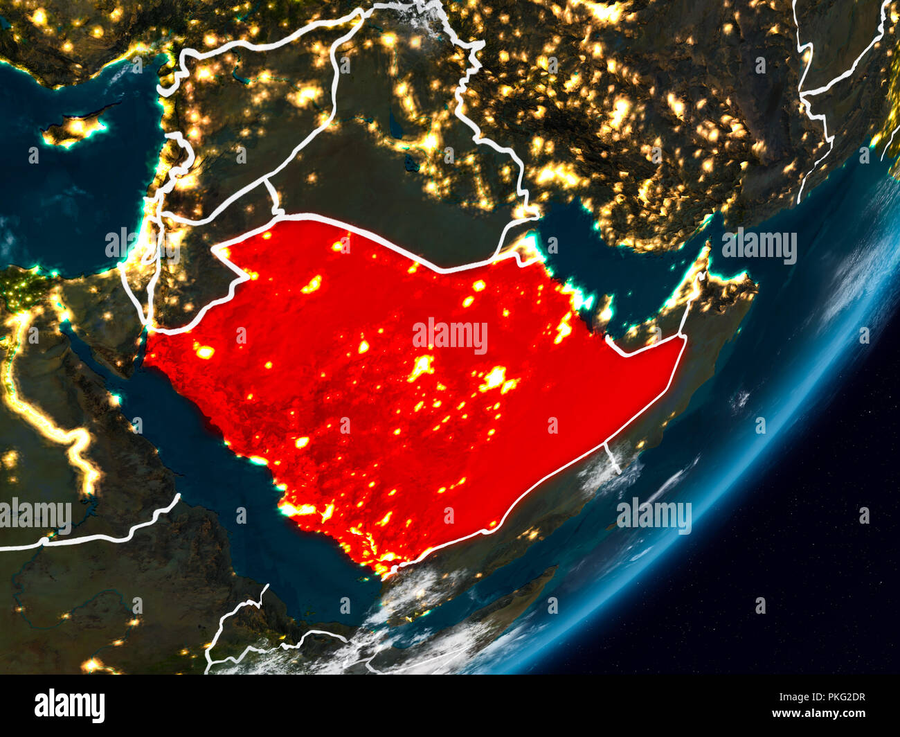 Saudi Arabia from space on planet Earth at night with visible country ...