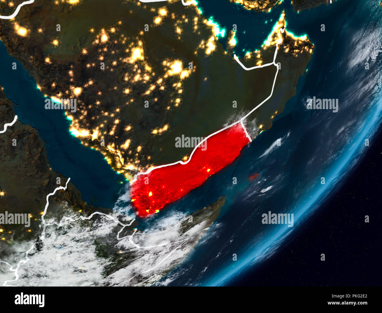 Yemen from space on planet Earth at night with visible country borders ...