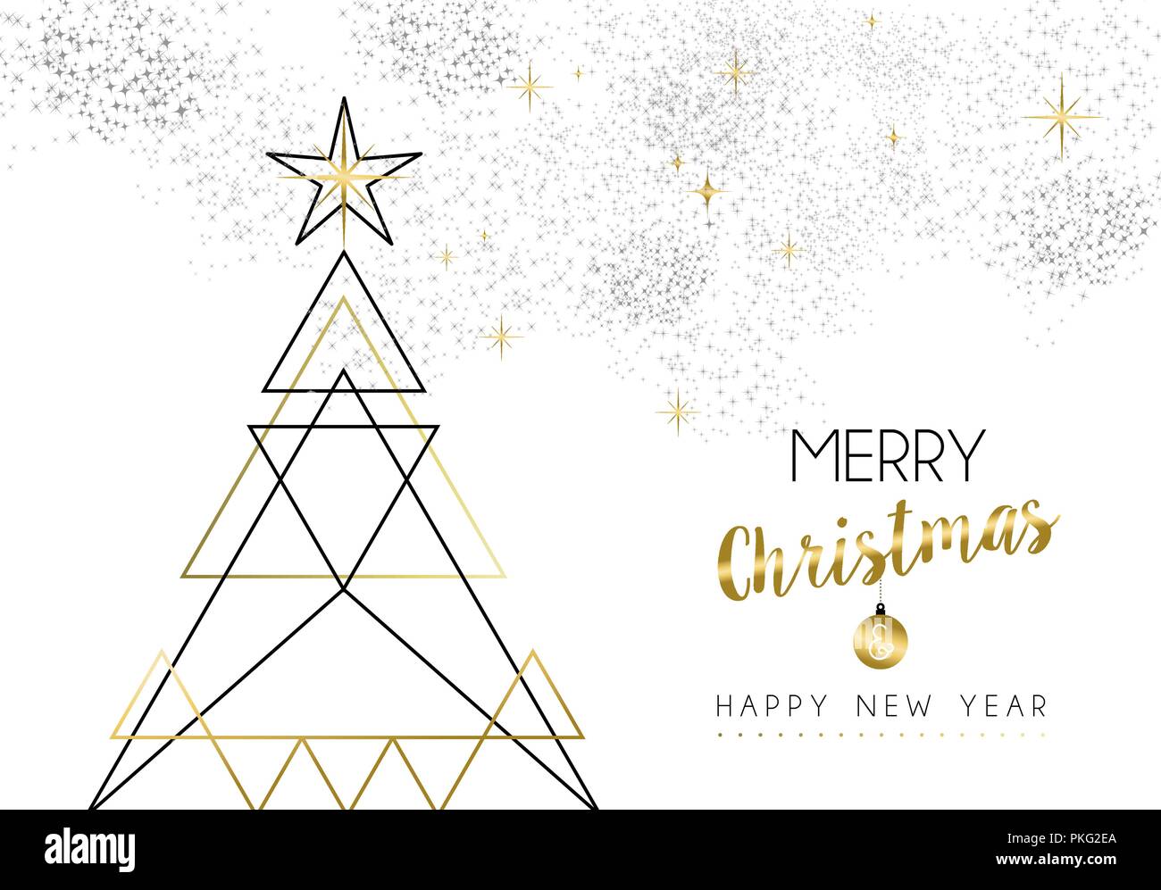 Merry christmas happy new year pine tree design in art deco outline ...