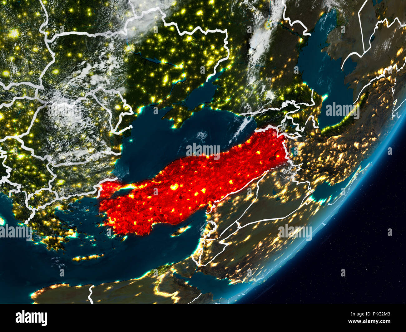 Turkey from space on planet Earth at night with visible country borders ...