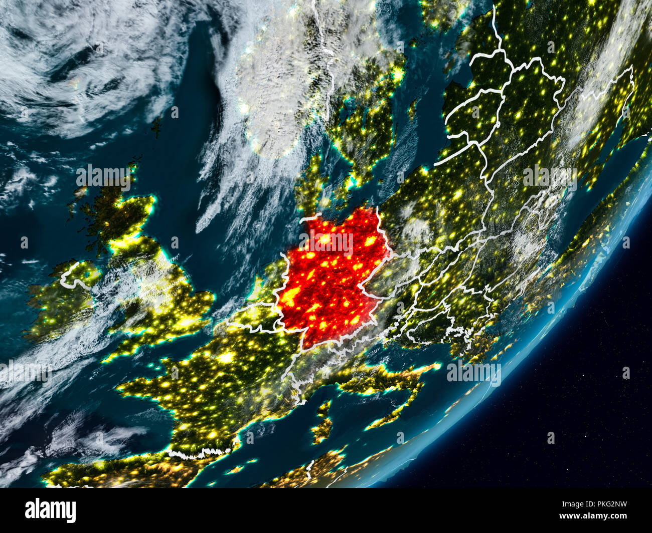 Germany from space on planet Earth at night with visible country ...
