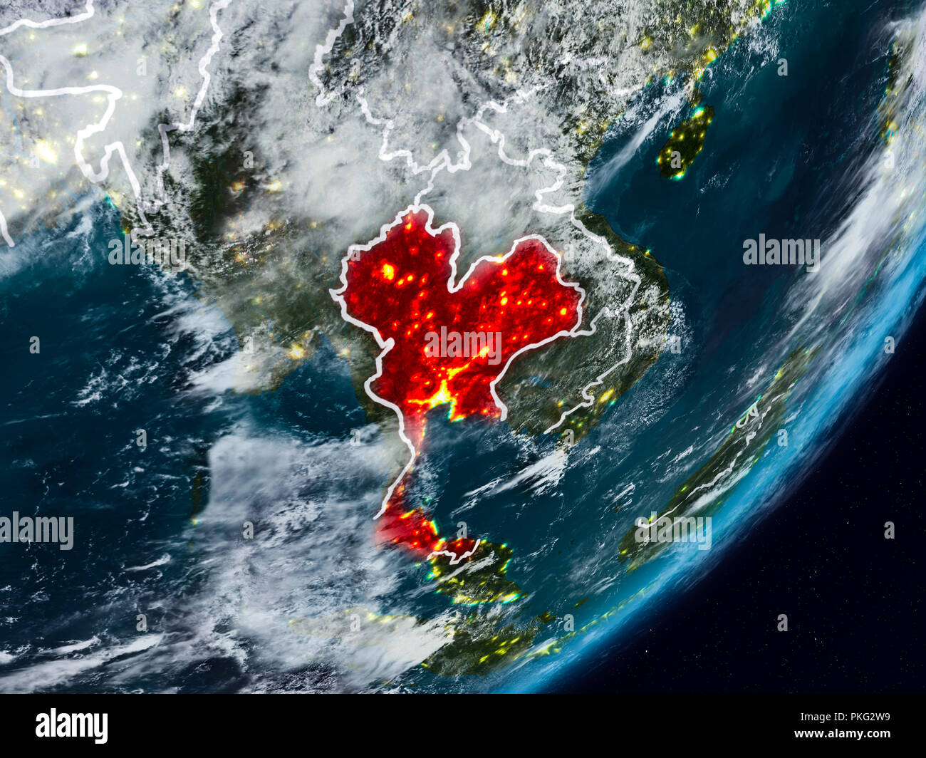 Thailand from space on planet Earth at night with visible country ...