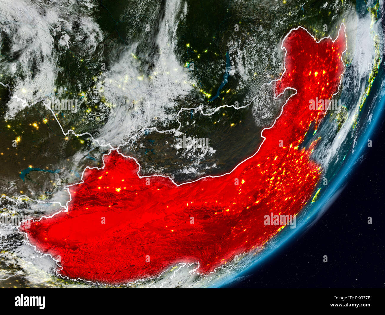 China from space on planet Earth at night with visible country borders ...