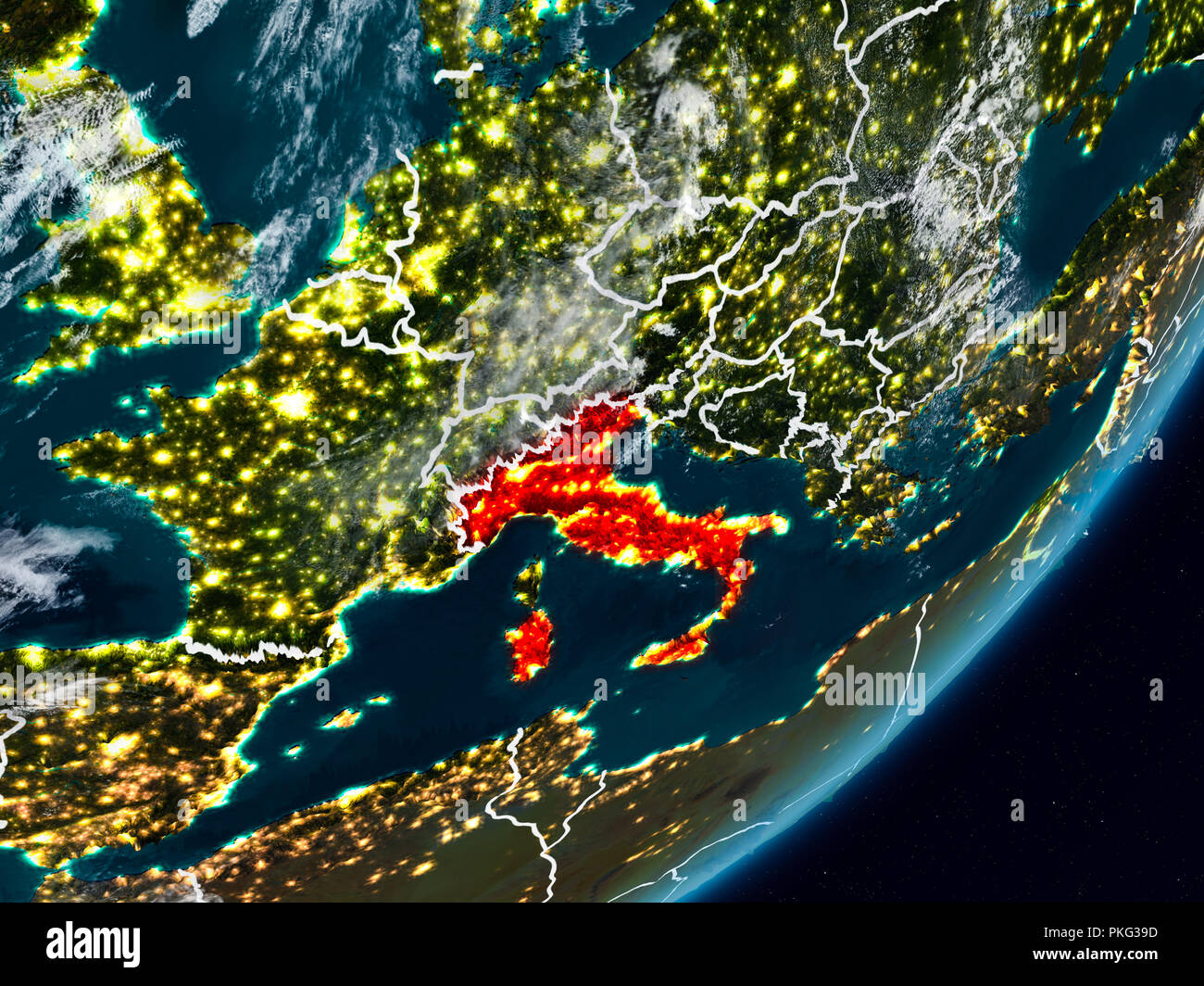 Italy from space on planet Earth at night with visible country borders ...