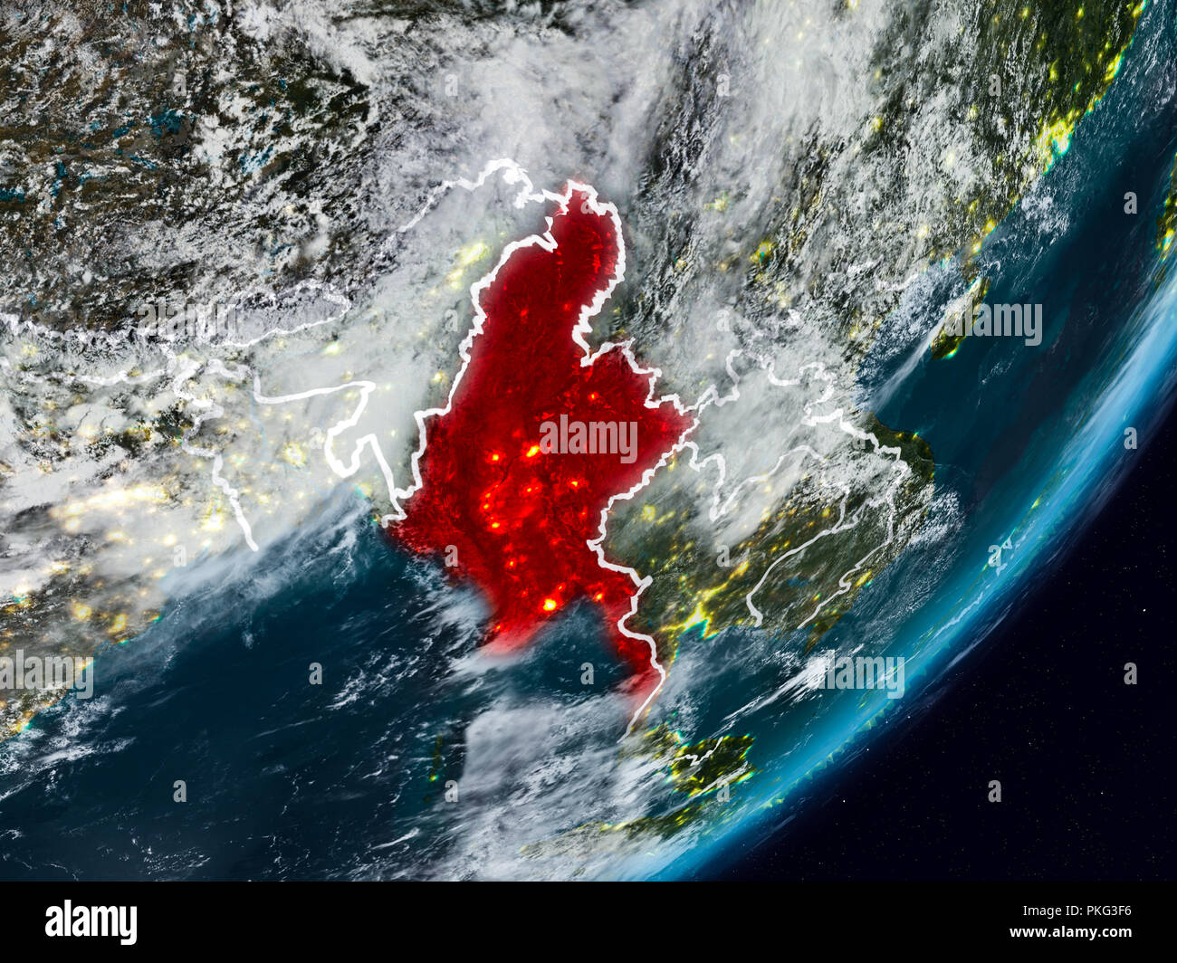 Myanmar from space on planet Earth at night with visible country ...