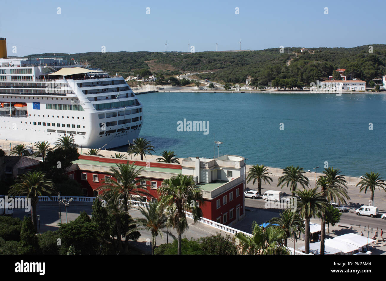 Spain. Balearic Islands. Menorca. Mahón. View from hillside of the port ...