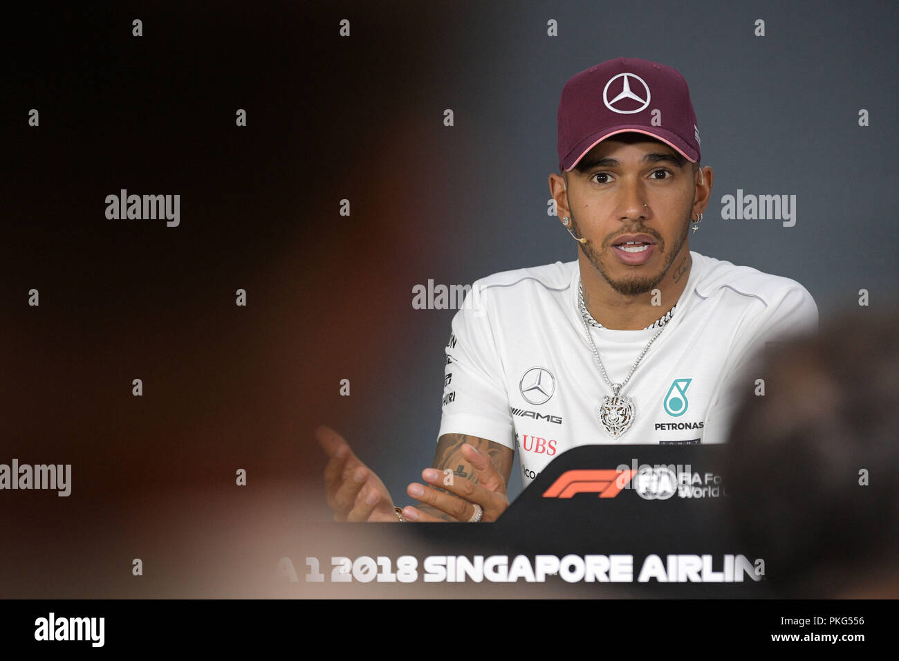Singapore. 13th Sep, 2018. Lewis Hamilton of Mercedes attends the pre ...