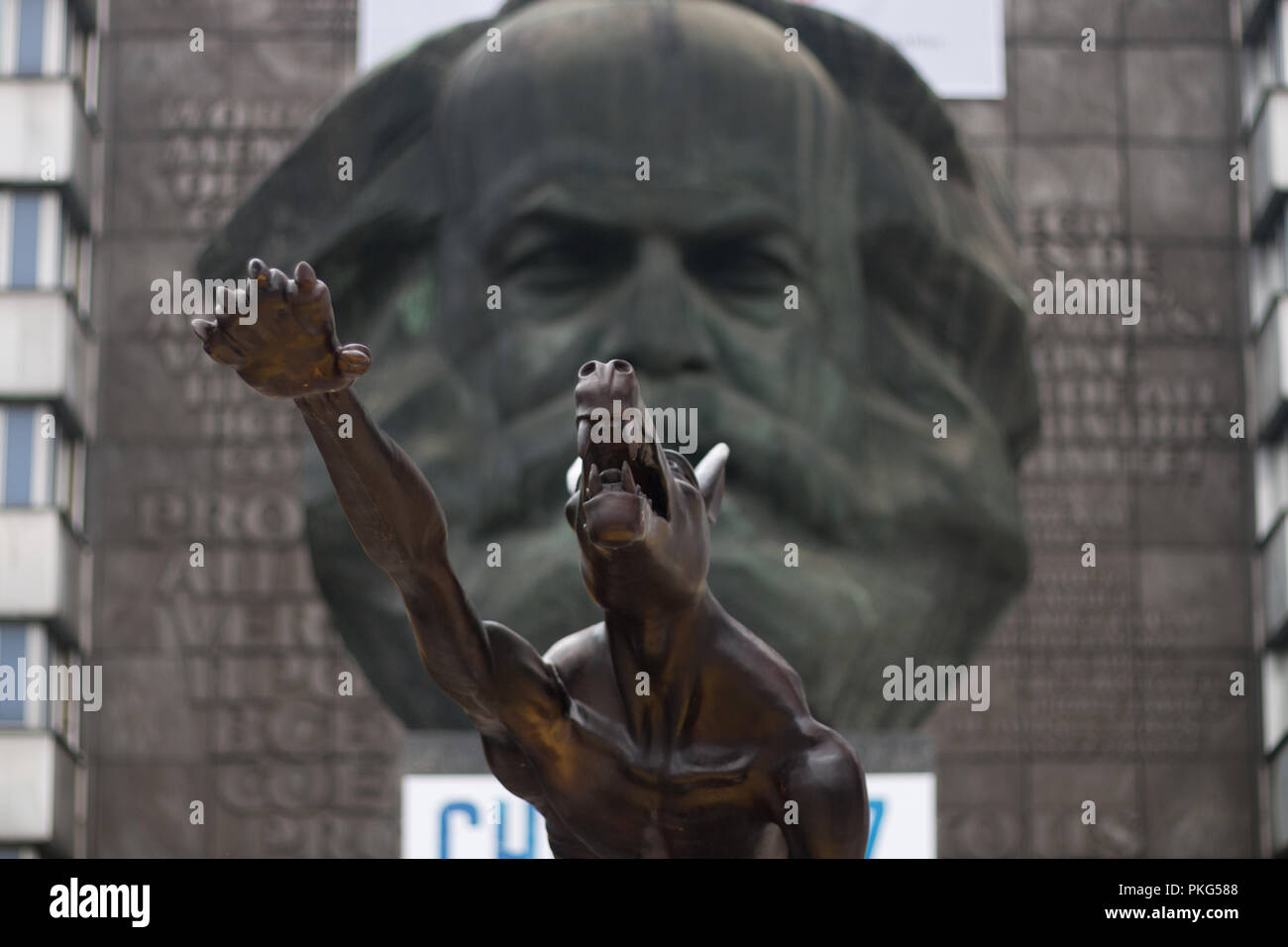 Chemnitz, Germany - September 13, 2018: View of a brass wolf greeting ...
