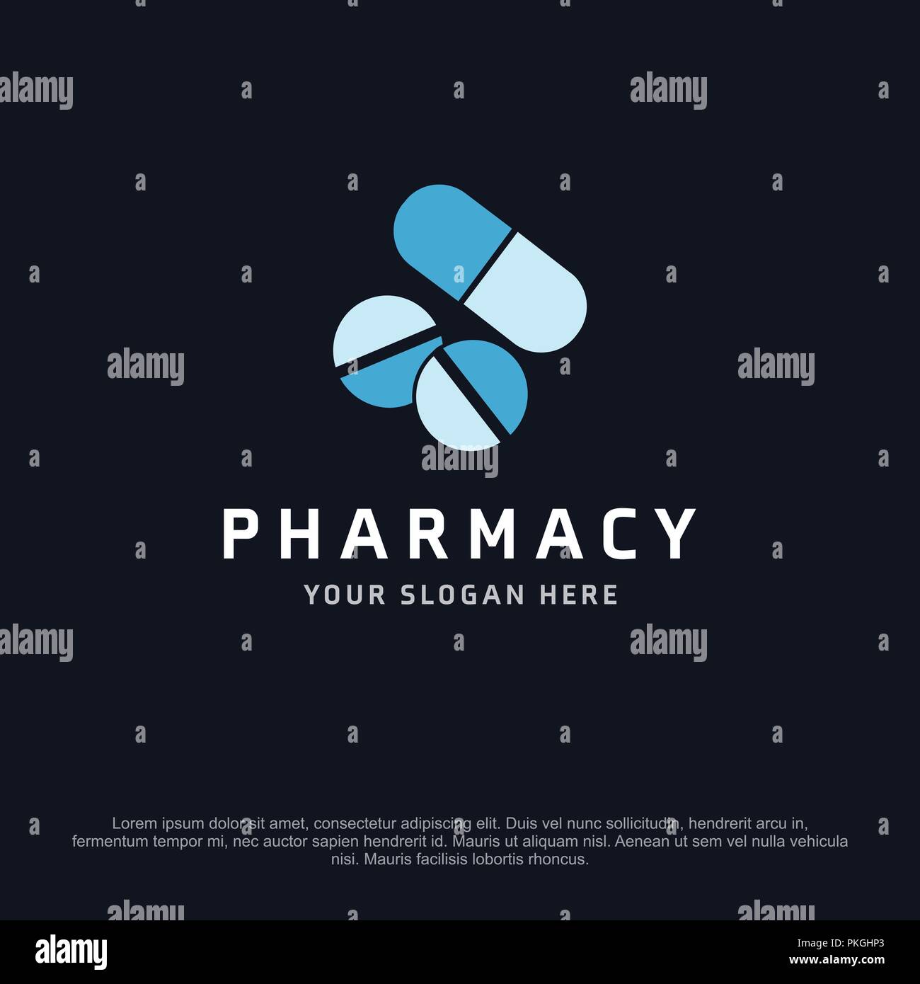 Pharmacy logo design with typography and dark background vector Stock ...