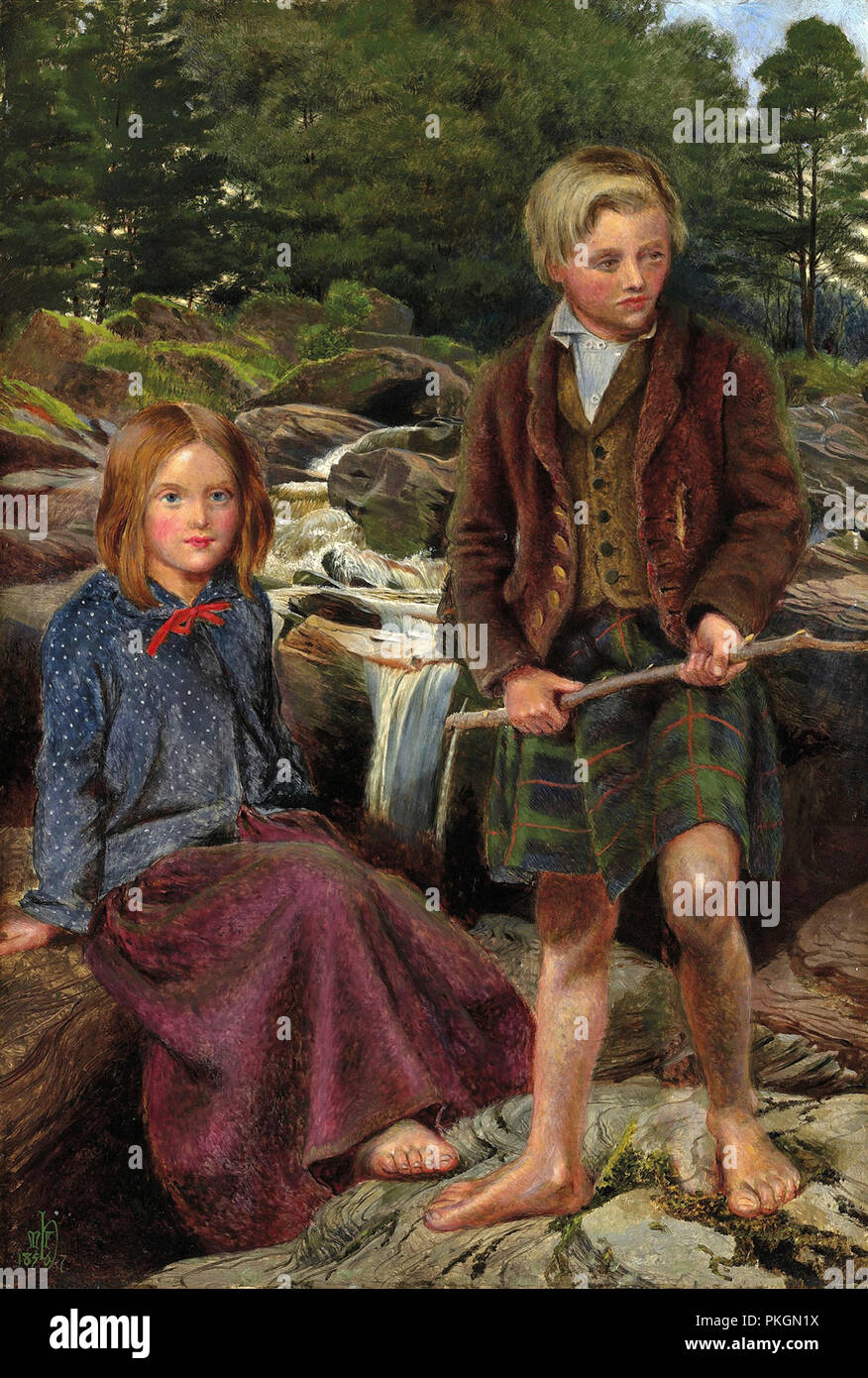 Halliday Michael Frederick - Two Highland Children by a Scottish Stream ...