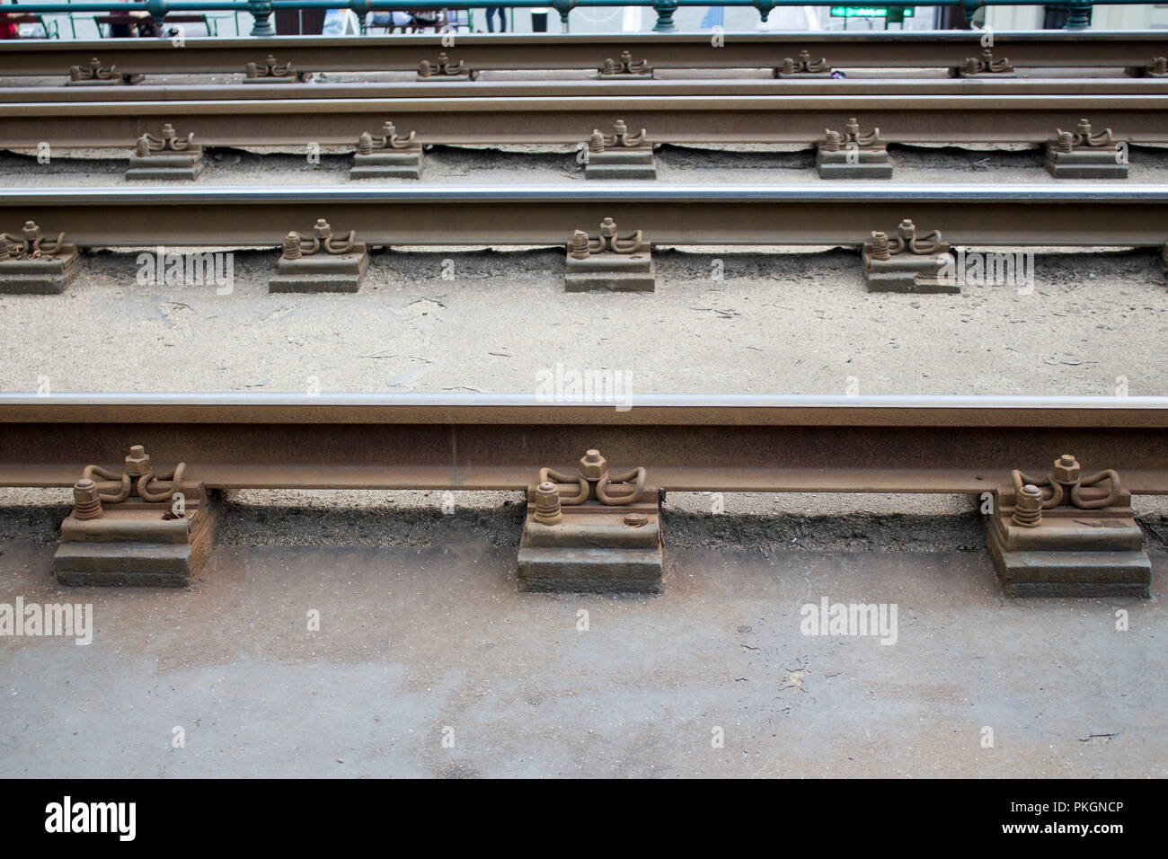 Tram or train rails abstract close up background Stock Photo - Alamy