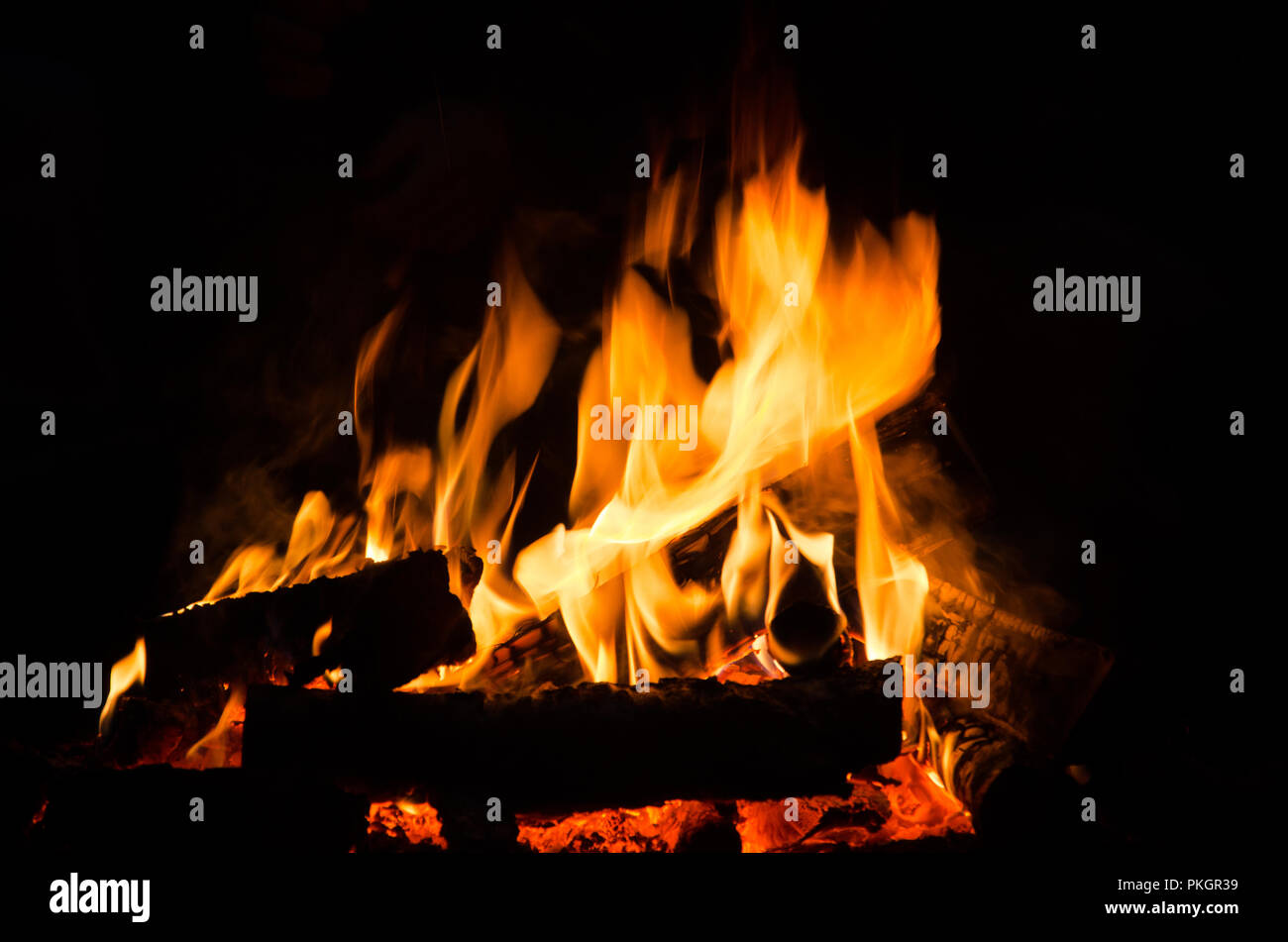 Burning wood at night. Campfire at touristic camp at nature in ...