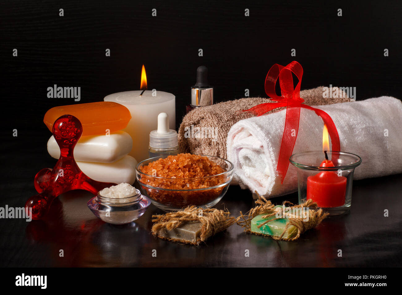 Spa Products With Soap Bowls With Sea Salt Bottles With Aromatic Oil