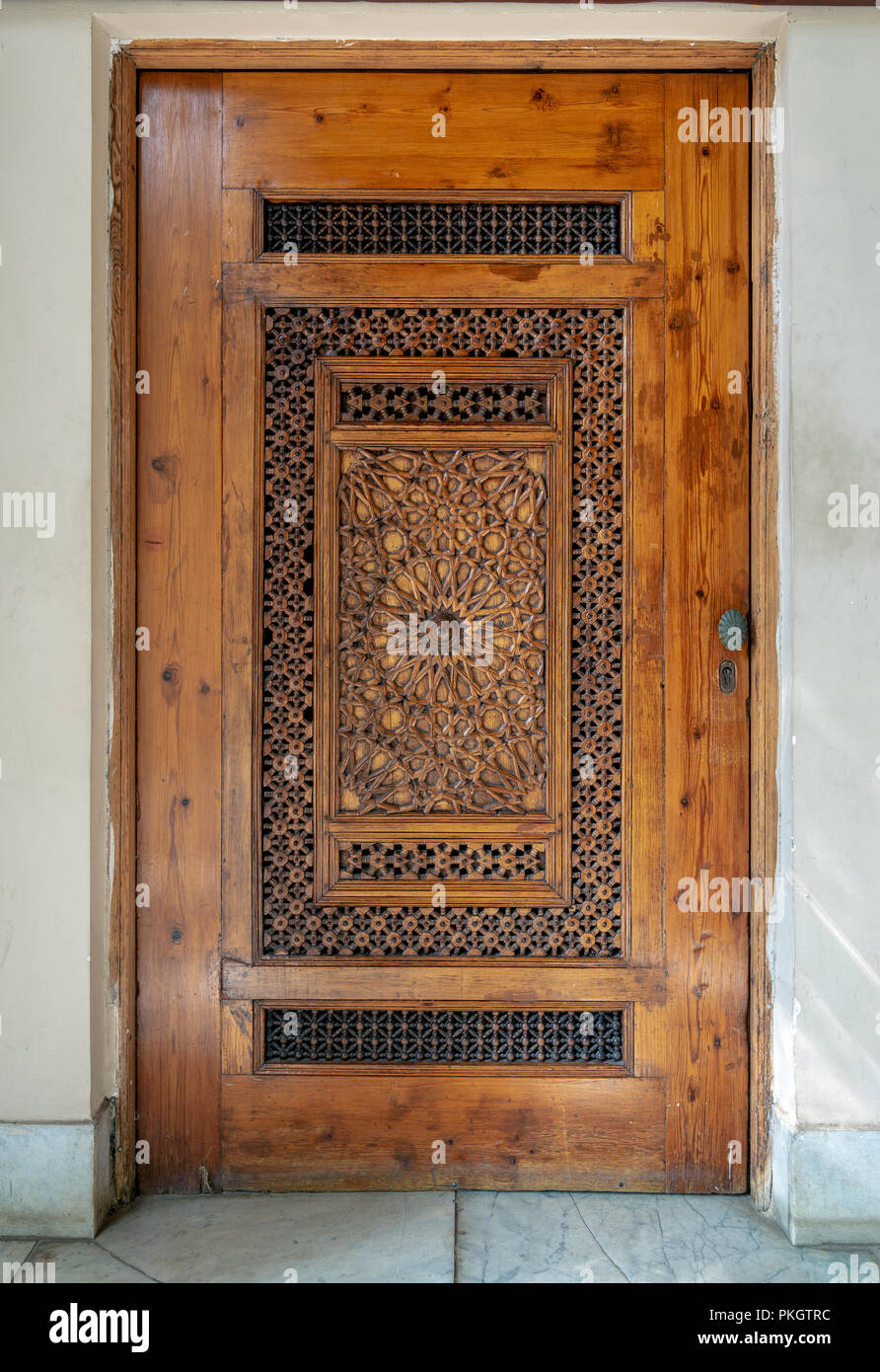 Wooden engraved door with geometrical engraved patterns, Cairo, Egypt ...