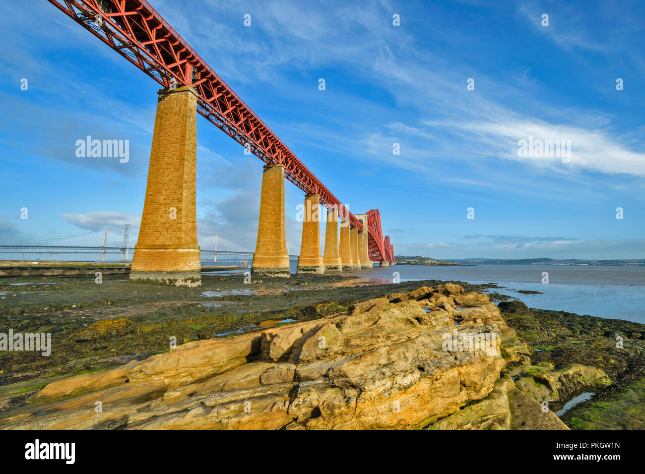 FORTH RAILWAY BRIDGE SCOTLAND OVER THE FIRTH AT LOW TIDE WITH BEACH AND ...