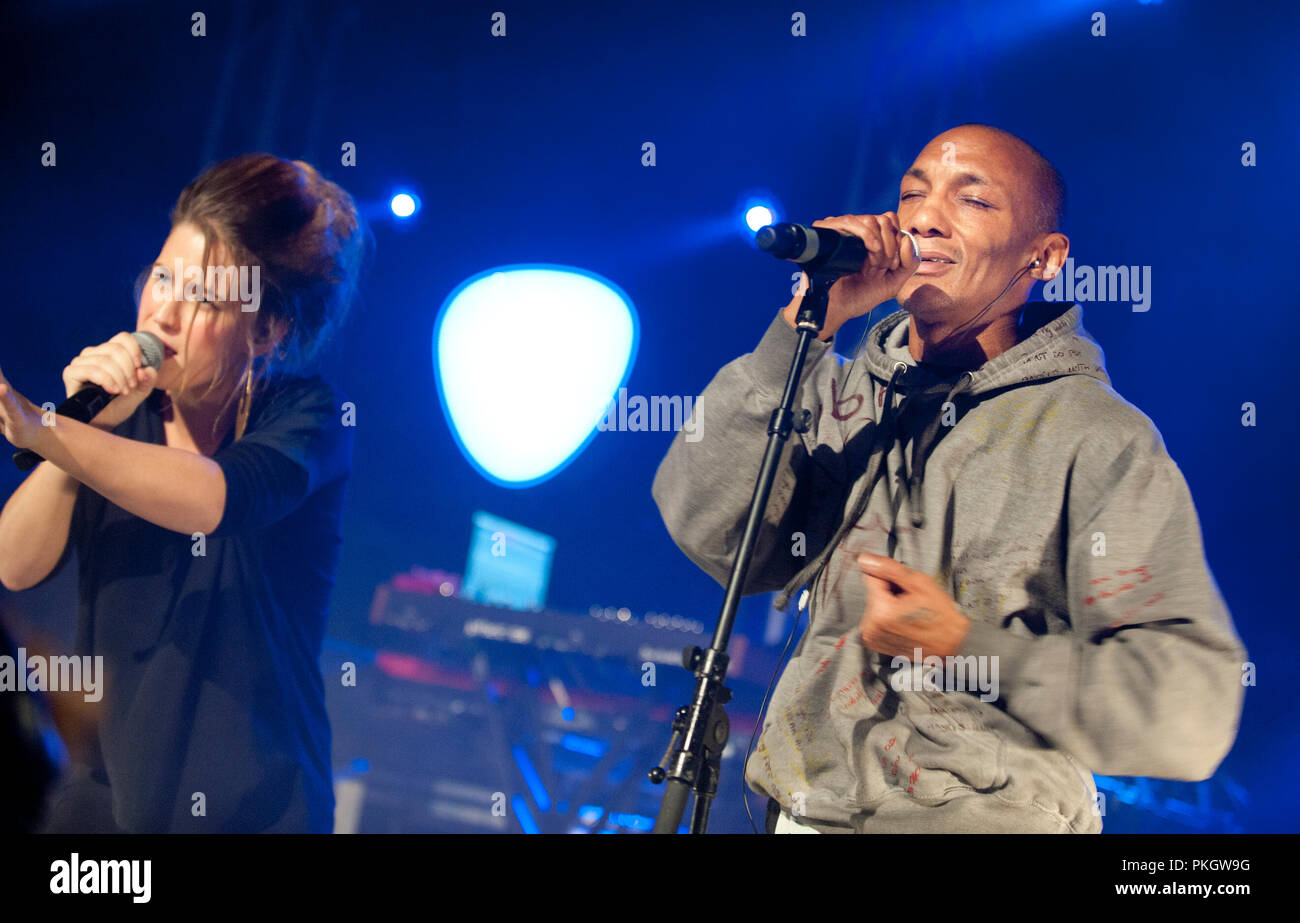 English producer and vocalist Tricky performing with Belgian singer ...