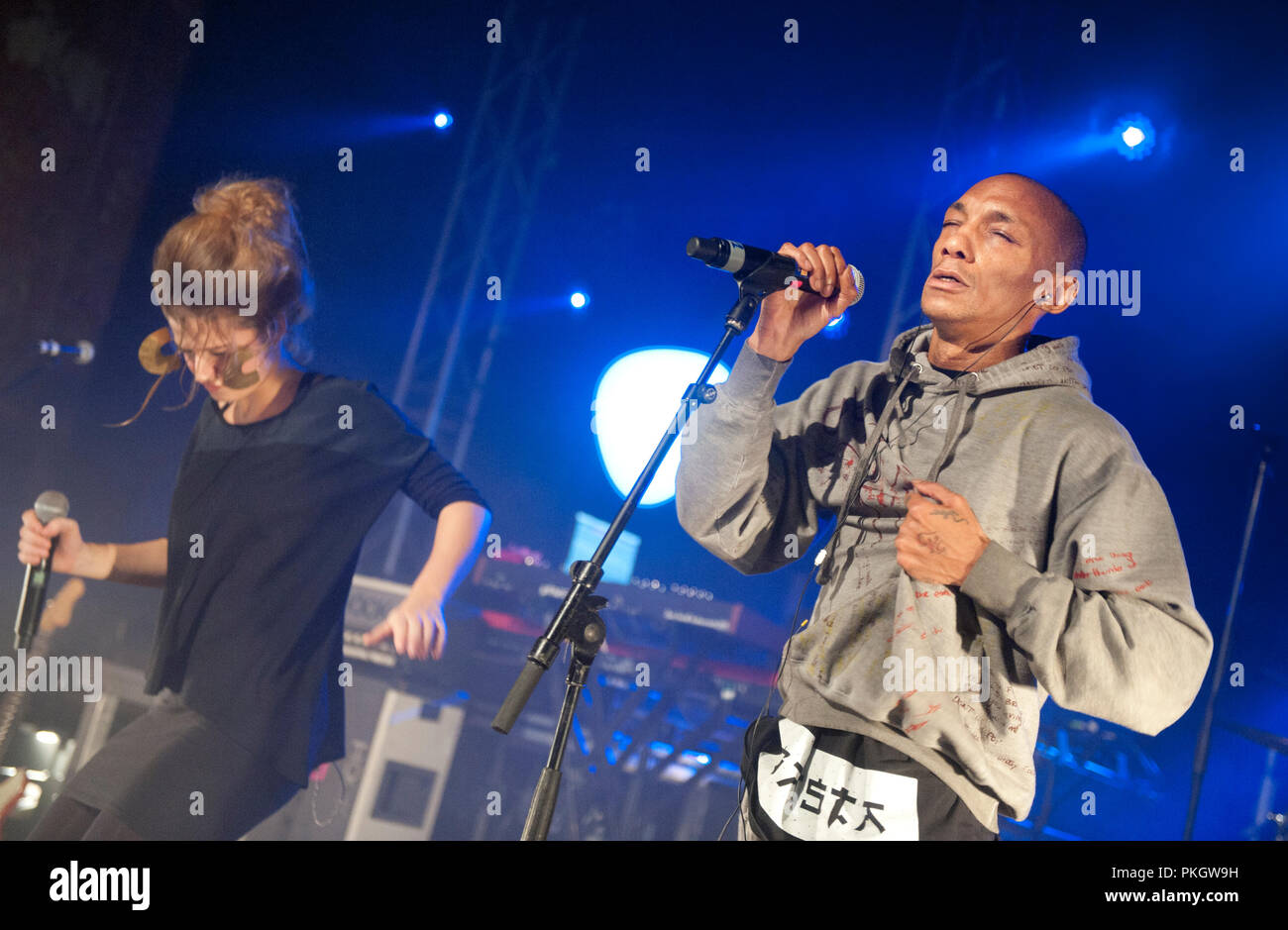 English producer and vocalist Tricky performing with Belgian singer ...