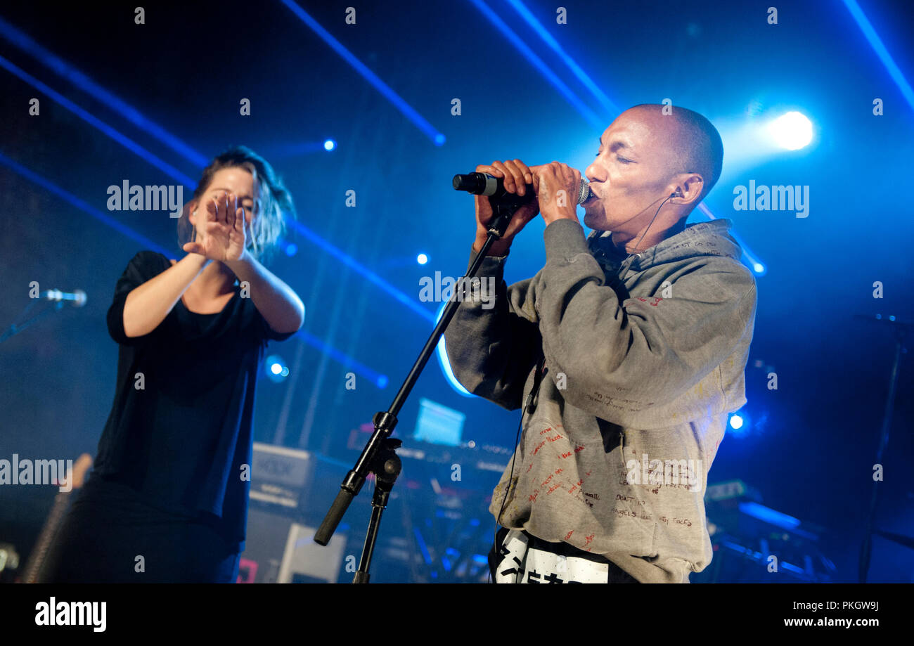 English producer and vocalist Tricky performing with Belgian singer ...
