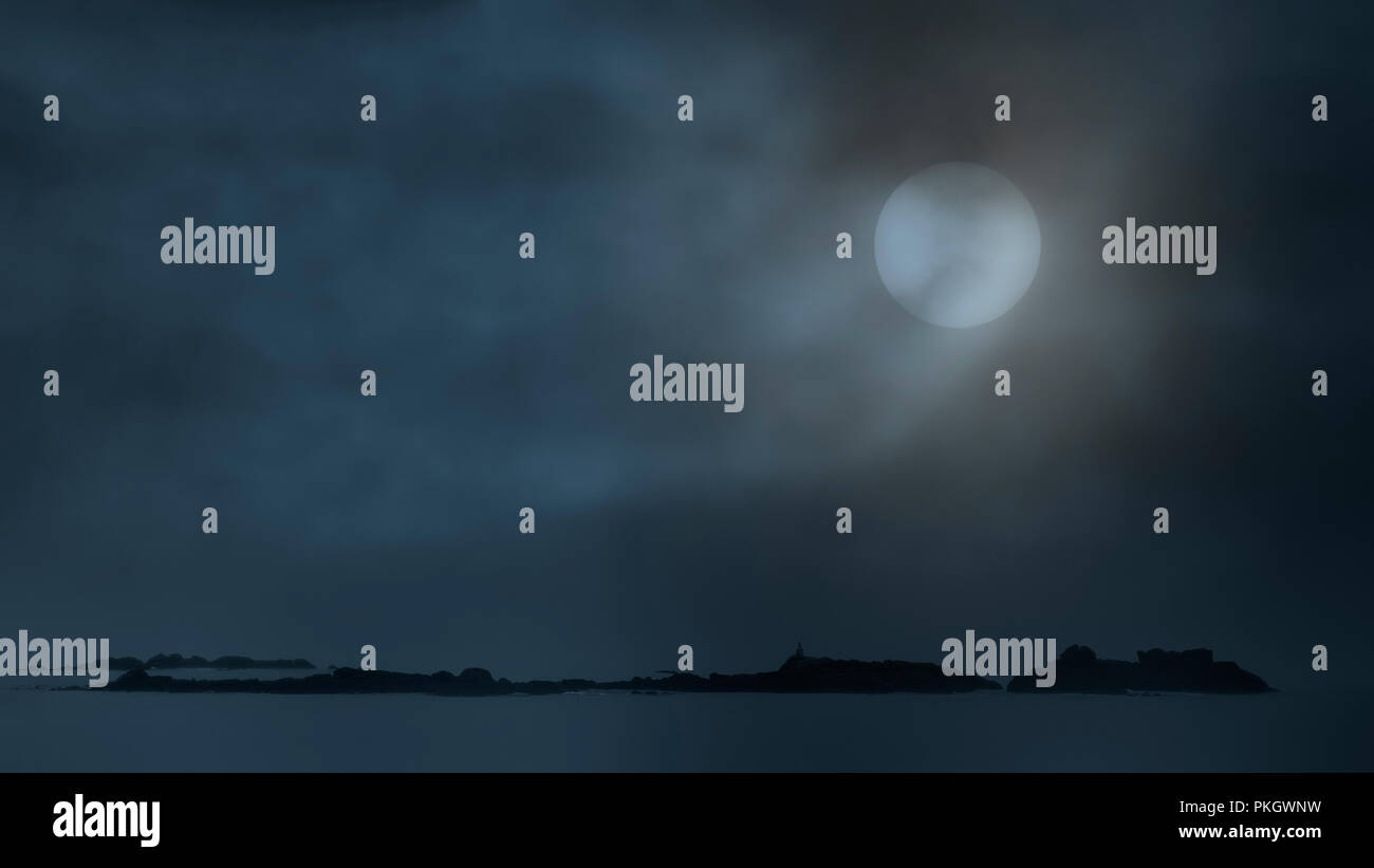 Rocky sea in a foggy full moon night (added some digital noise Stock ...