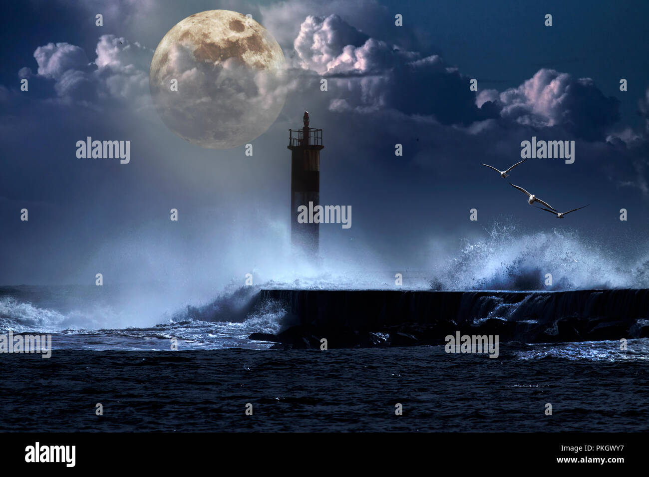 Conceptual image over an unlit beacon in a stormy full moon night Stock ...